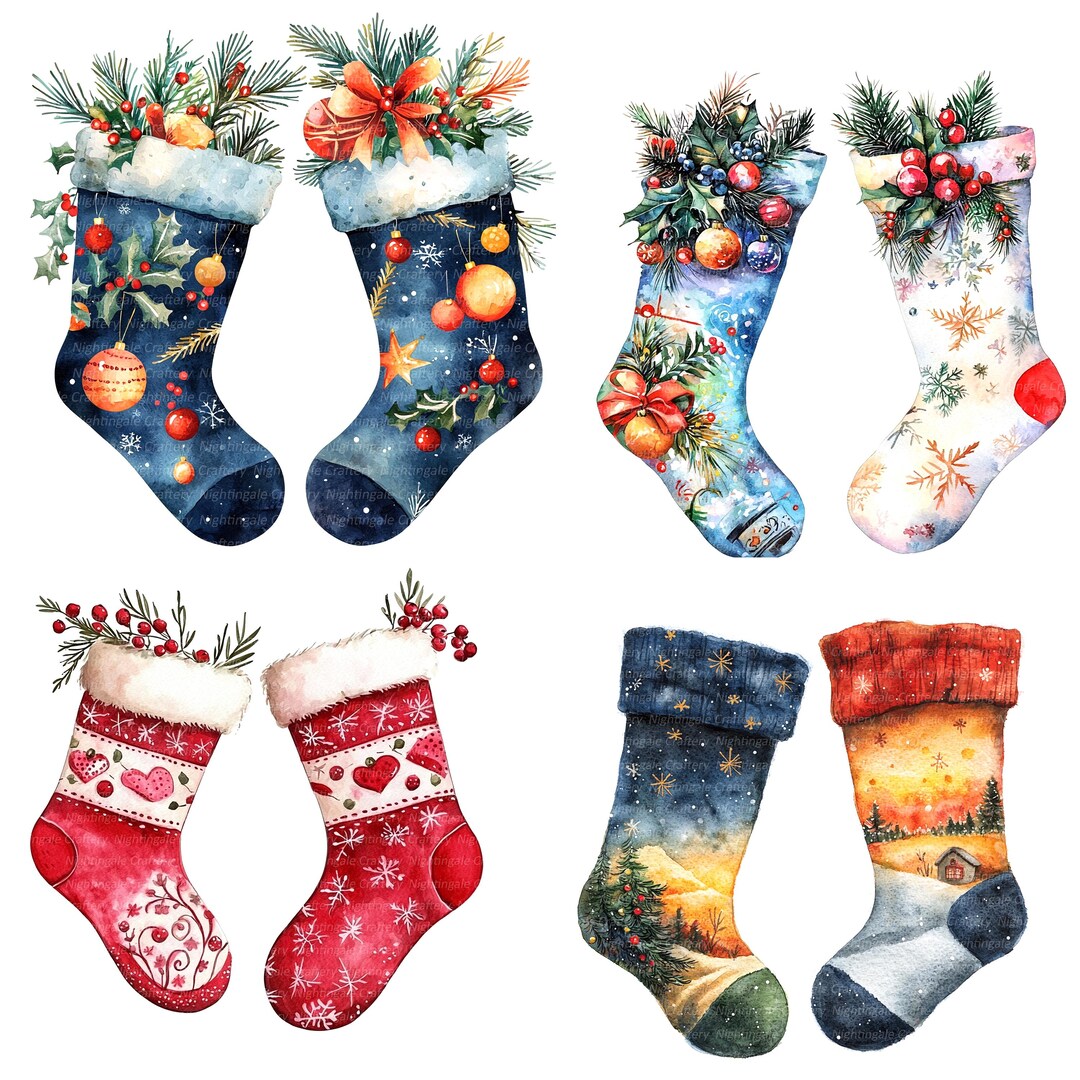 16 Christmas Stocking Clipart, Christmas Socks, Printable Watercolor ...