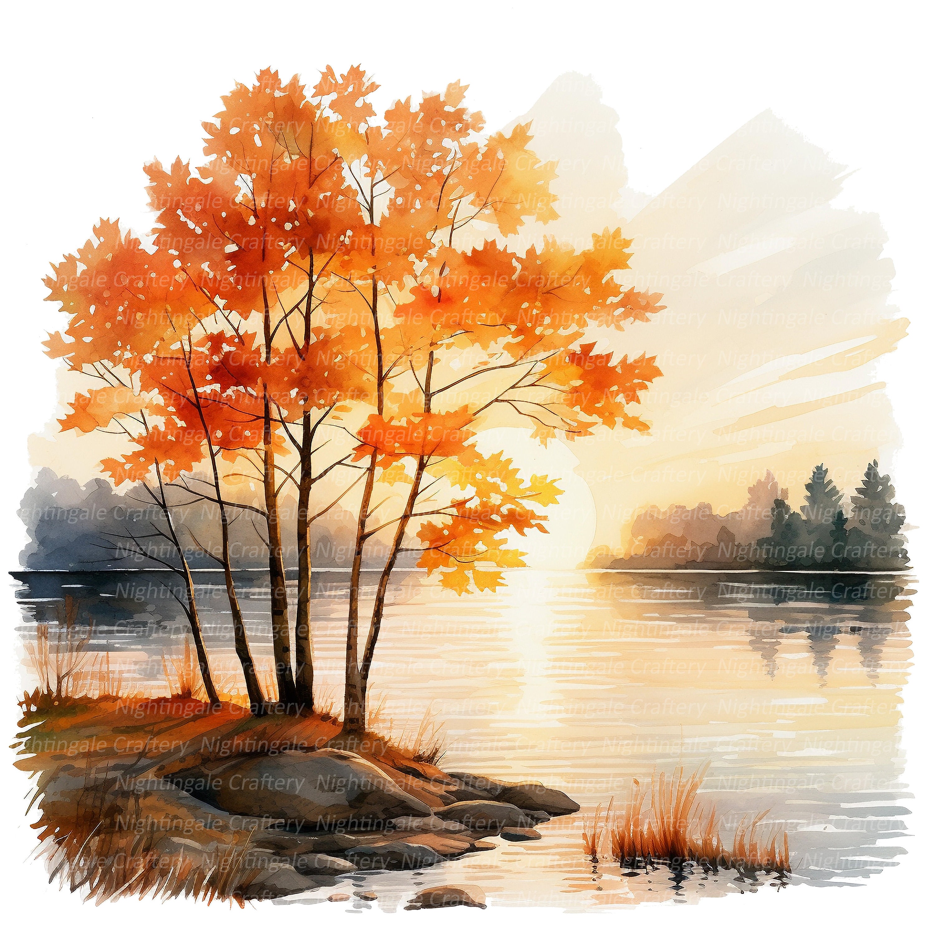 12 Sunset in Autumn Clipart, Fall Landscape, Printable Watercolor ...