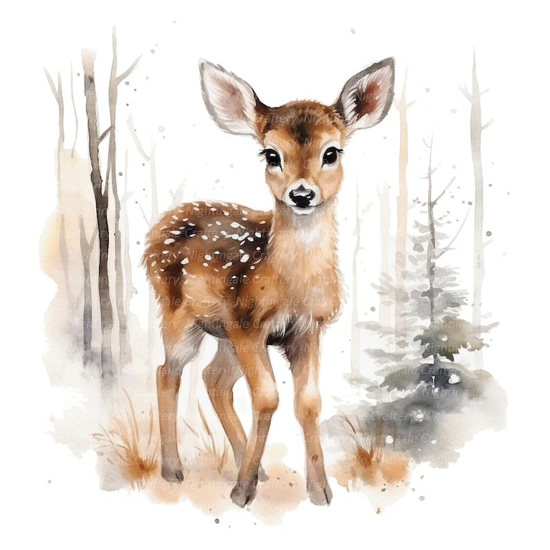 12 Fawn Baby in Winter Clipart, Bemby, Printable Watercolor Clipart ...
