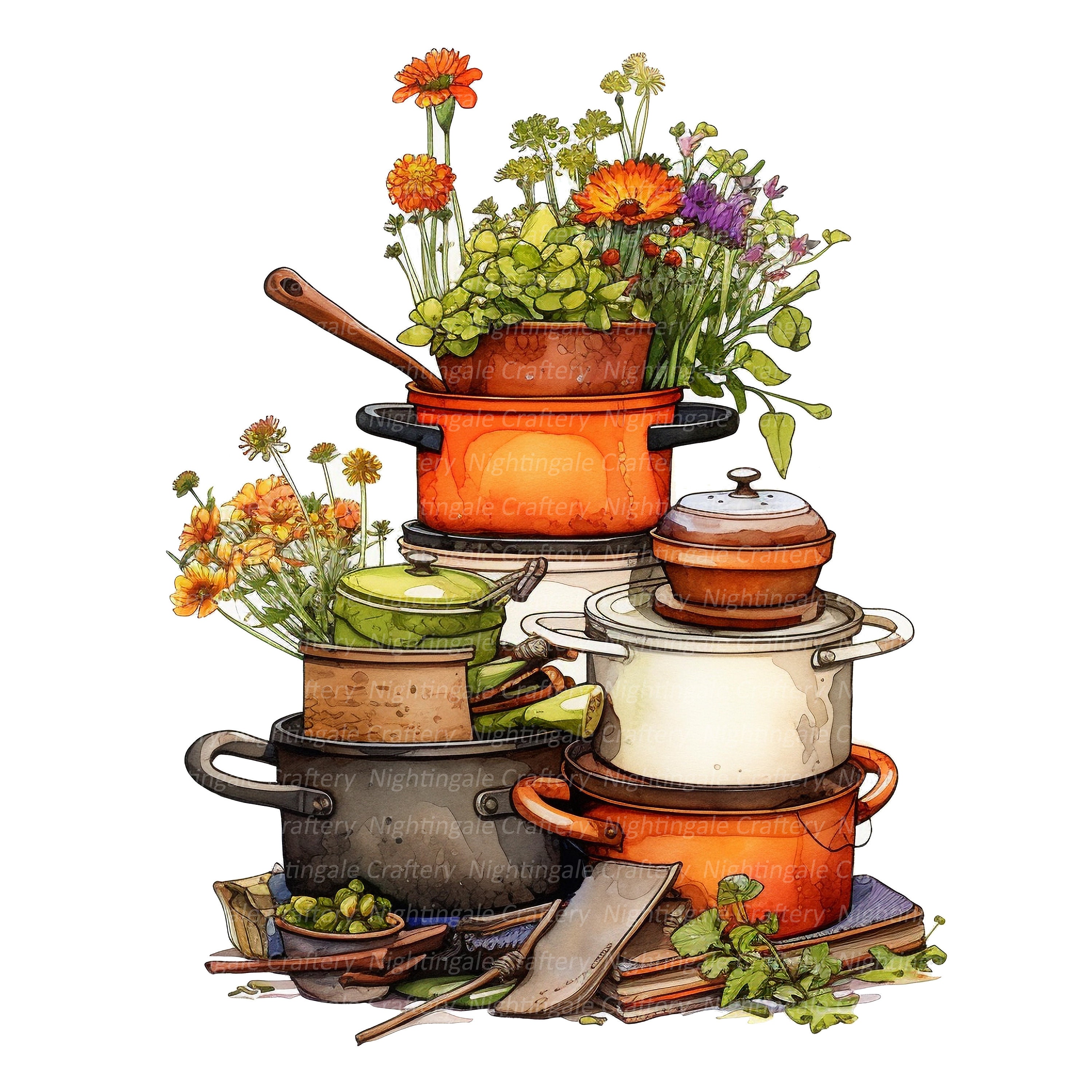 11 Pots and Pans, Kitchen Flowers Clipart, Printable Watercolor Clipart ...