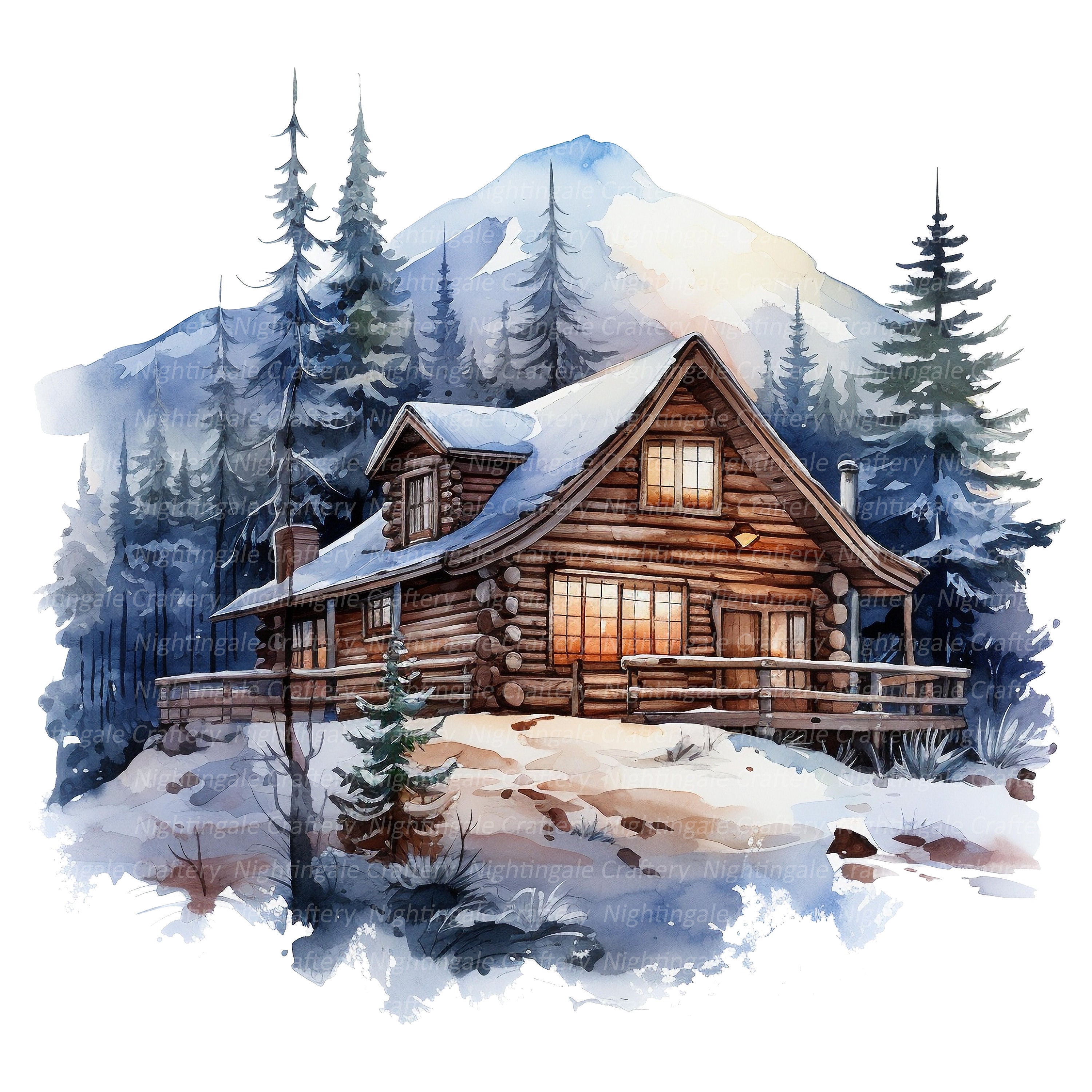 10 Log Cabin in Snow Clipart, Printable Watercolor Clipart, High ...