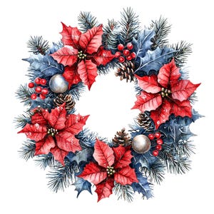 10 Poinsettia Christmas Wreath Clipart, Card Making, Watercolor Clipart ...