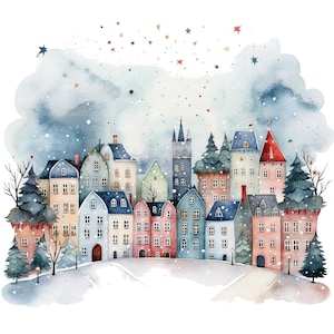 9 Christmas Card Clipart, Winter Houses Card, Printable Watercolor ...