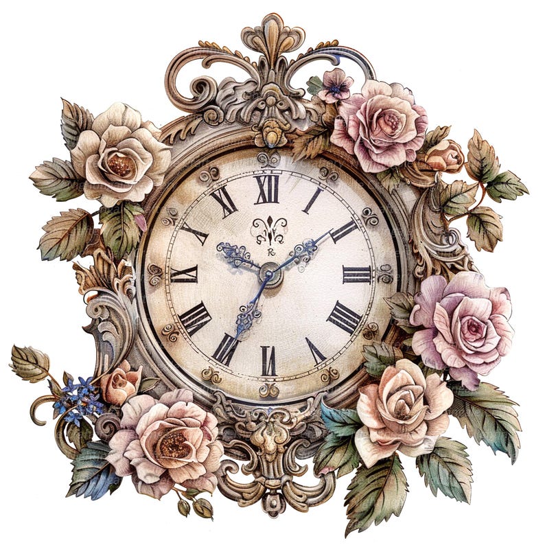 11 Vintage Floral Clock Clipart, Victorian Clock, Printable Watercolor ...