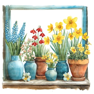 14 Spring Flowers Window Clipart, Flowerpots, Printable Watercolor ...
