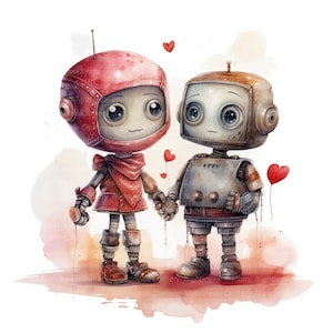 8 Romantic Robots Couple Clipart, Robot Lovers, Printable Watercolor ...