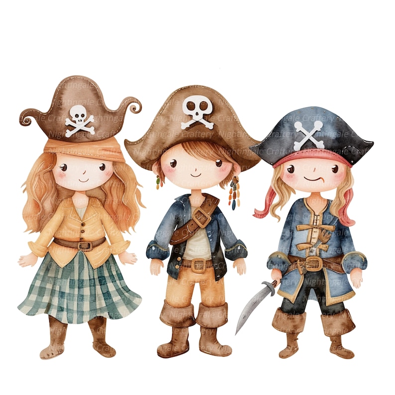 10 Pirates Party Clipart, Cartoon Pirates Print, Printable Watercolor ...