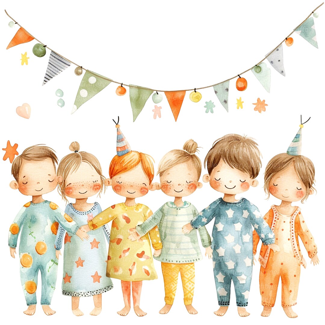10 Pajama Party Clipart, Kids Slumber Party, Printable Watercolor ...