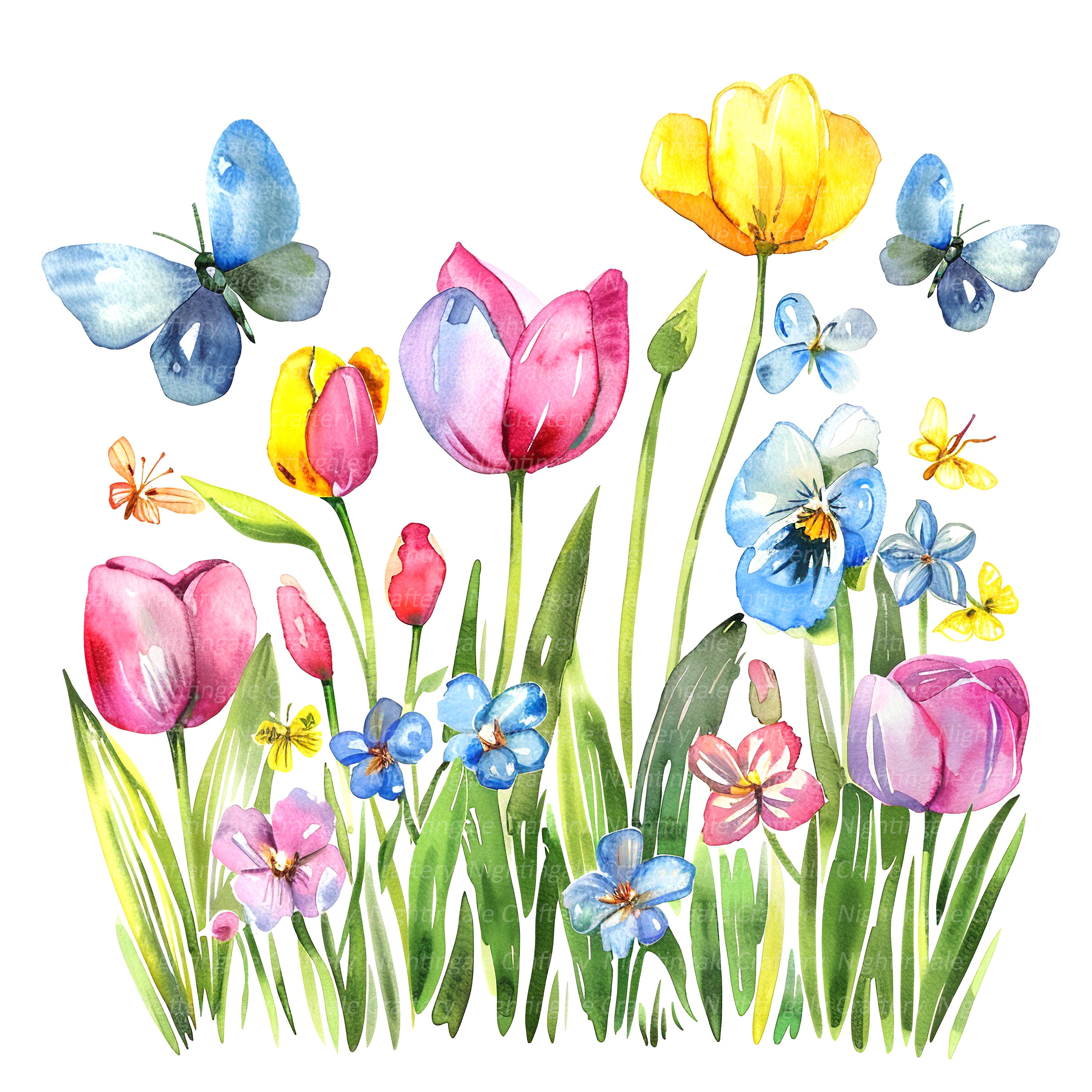 10 Spring Flowers Clipart, Tulips Clipart, Printable Watercolor Clipart ...