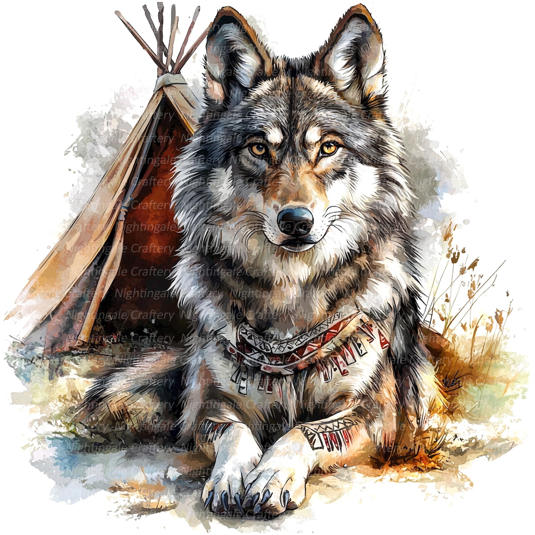 12 Tribal Wolf Clipart, Native Indian Wolf, Printable Watercolor Clipart, High Quality PNG/JPG ...
