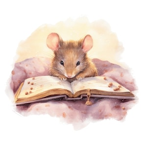 12 Mouse Reading Book Clipart, Mouse Bedroom, Printable Watercolor ...