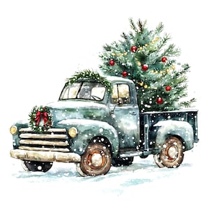 11 Pickup Truck Carrying Christmas Tree Clipart, Printable Watercolor ...