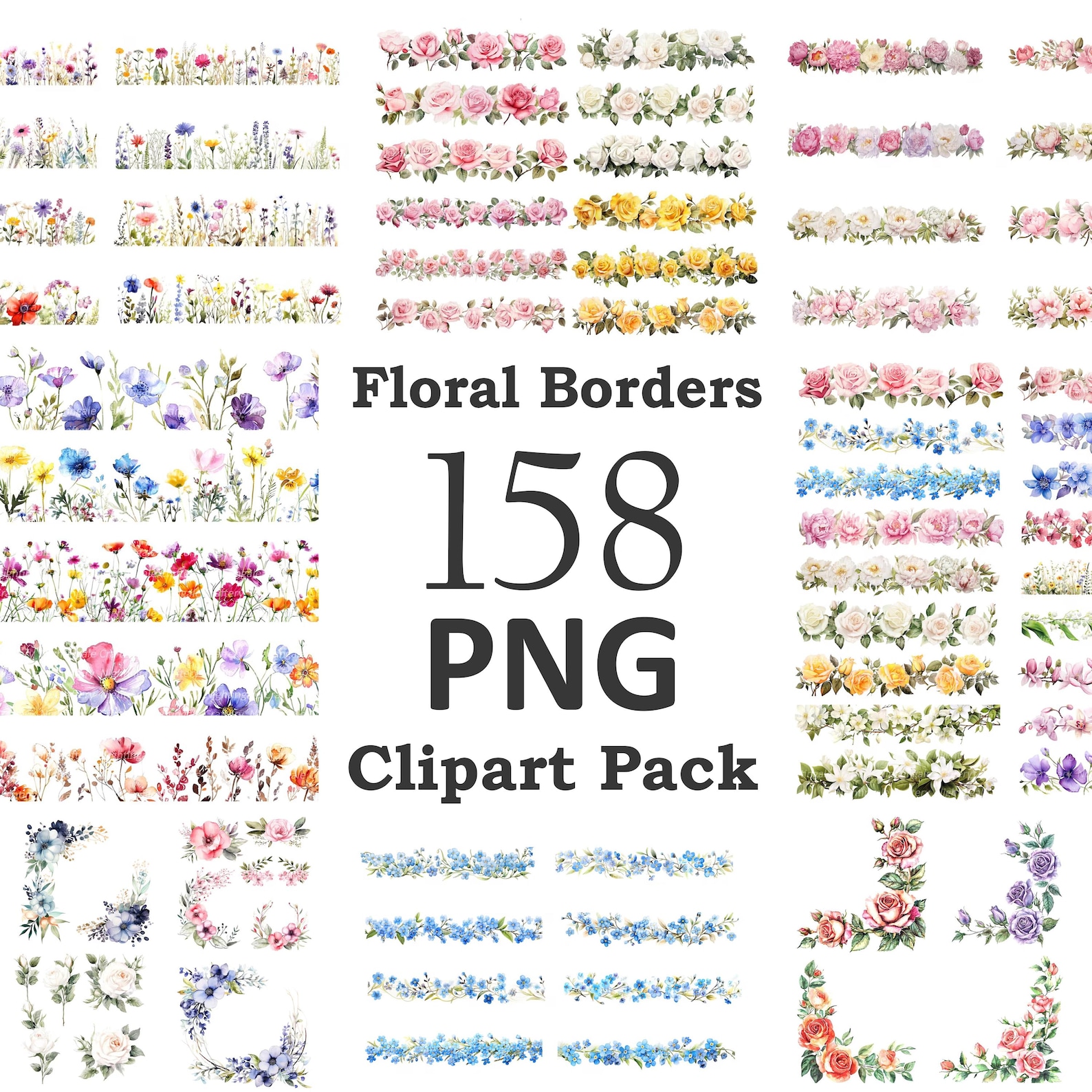 158 Pngs Floral Borders Corners Bundle, Flowers Clipart Pack, Printable ...