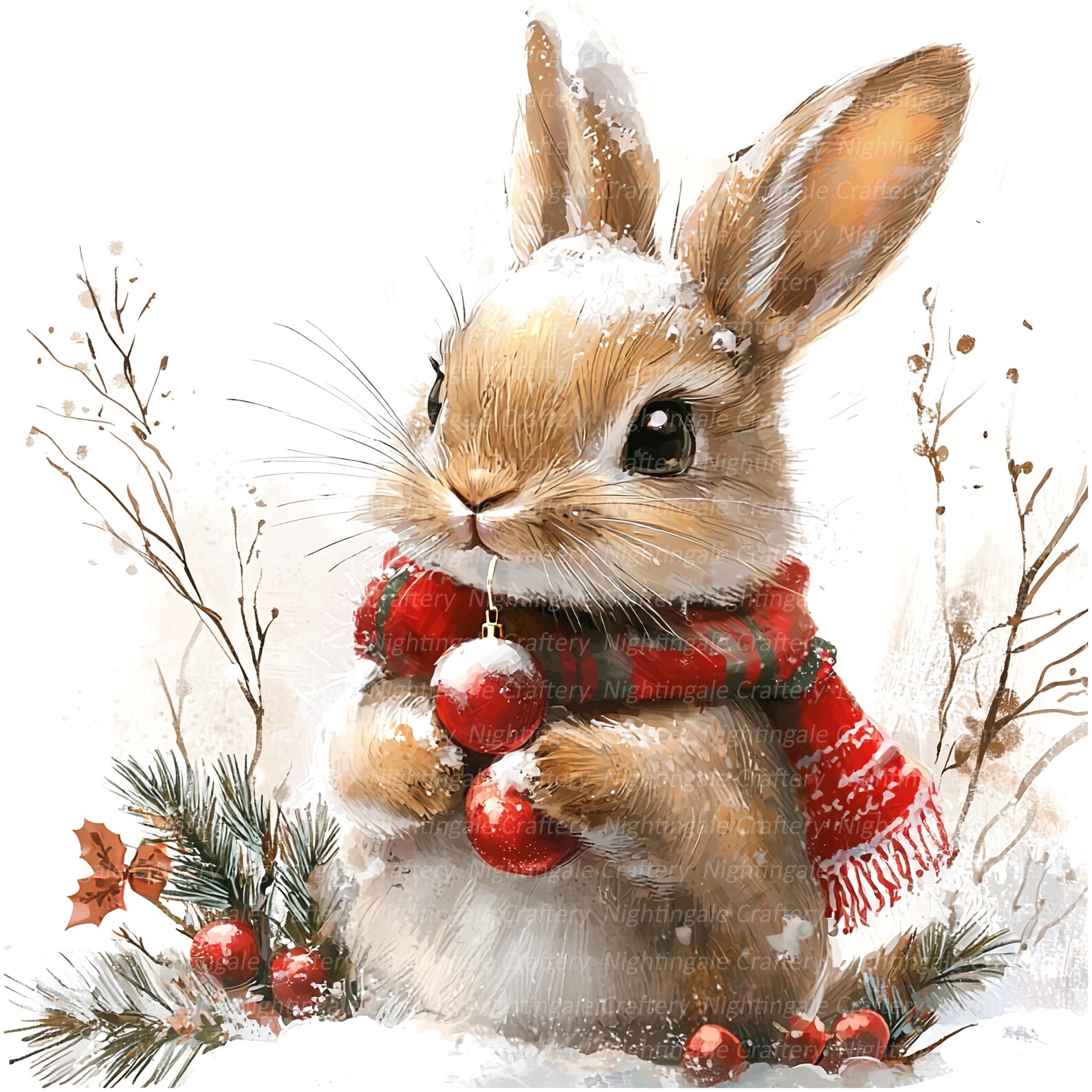 8 Christmas Bunny Clipart, Christmas Card, Printable Watercolor Clipart ...