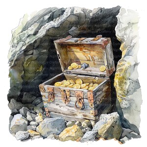 10 Treasure Chest Cave Clipart, Pirate Chest, Printable Watercolor ...