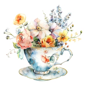 12 Floral Tea Cup Clipart, Vintage Tea Cup, Printable Watercolor ...