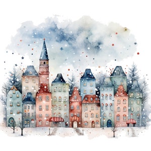 9 Christmas Card Clipart, Winter Houses Card, Printable Watercolor ...