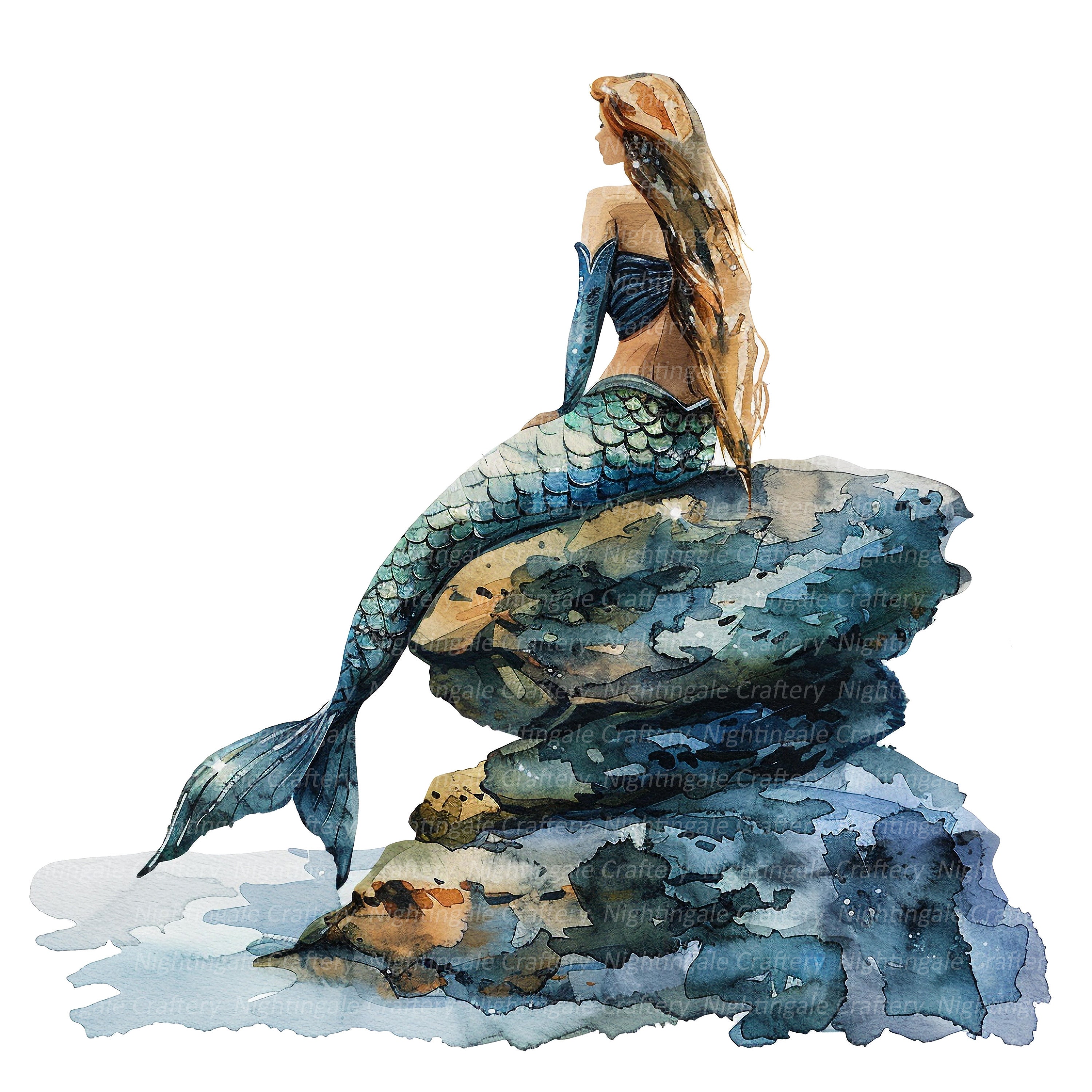 8 Watercolor Mermaid Clipart, Mermaid on Stone, Printable Watercolor ...