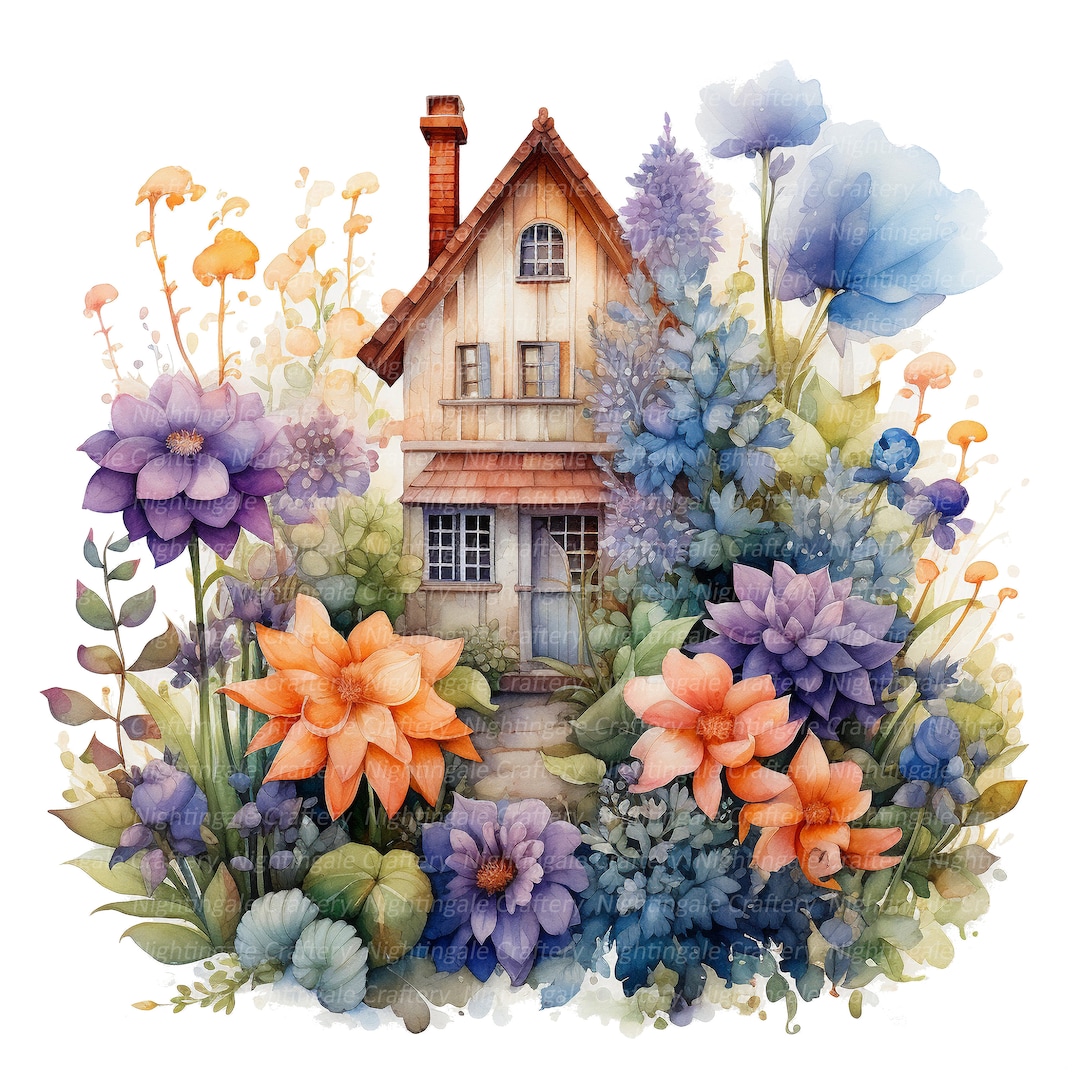 10 Floral House Clipart, Garden Flowers, Printable Watercolor Clipart ...
