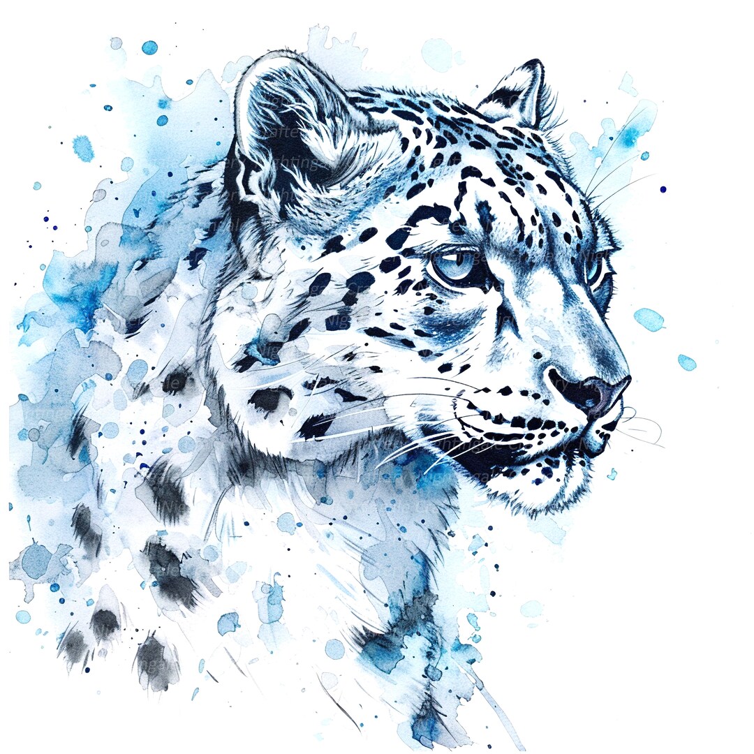 8 Snow Leopard Clipart, Blue Ink Leopard, Printable Watercolor Clipart ...
