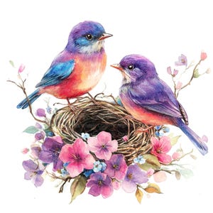 10 Spring Bird Nest Clipart, Floral Nest Clipart, Printable Watercolor ...