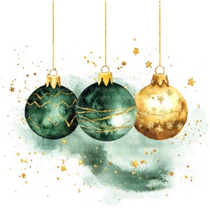 10 Christmas Card Clipart, Green Golden Baubles, Printable Watercolor ...