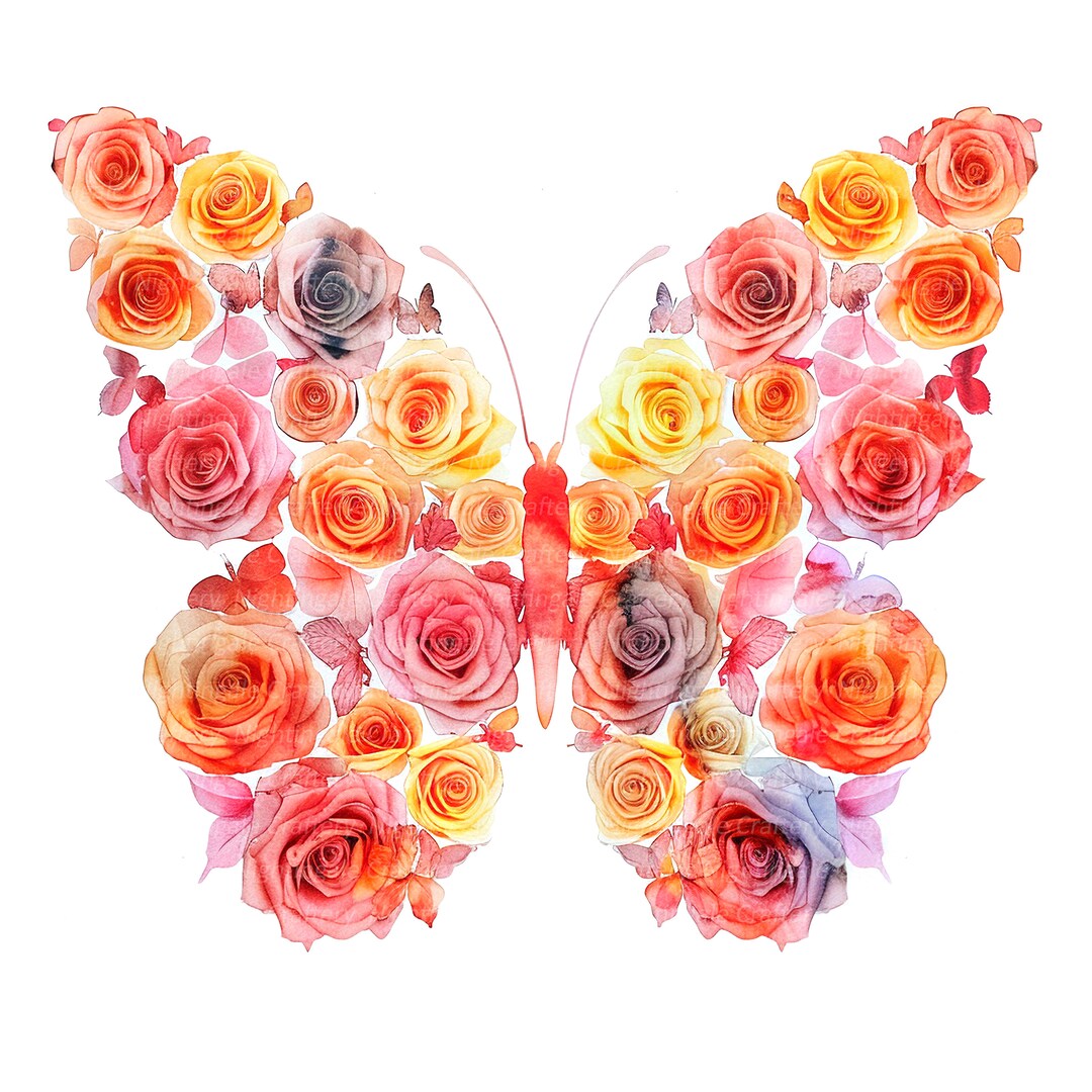 8 Roses Butterfly Clipart, Floral Butterfly, Printable Watercolor ...