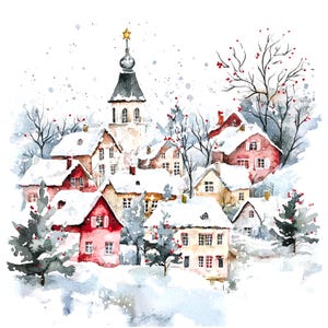 10 Christmas Village Clipart, Christmas Card Art, Printable Watercolor ...