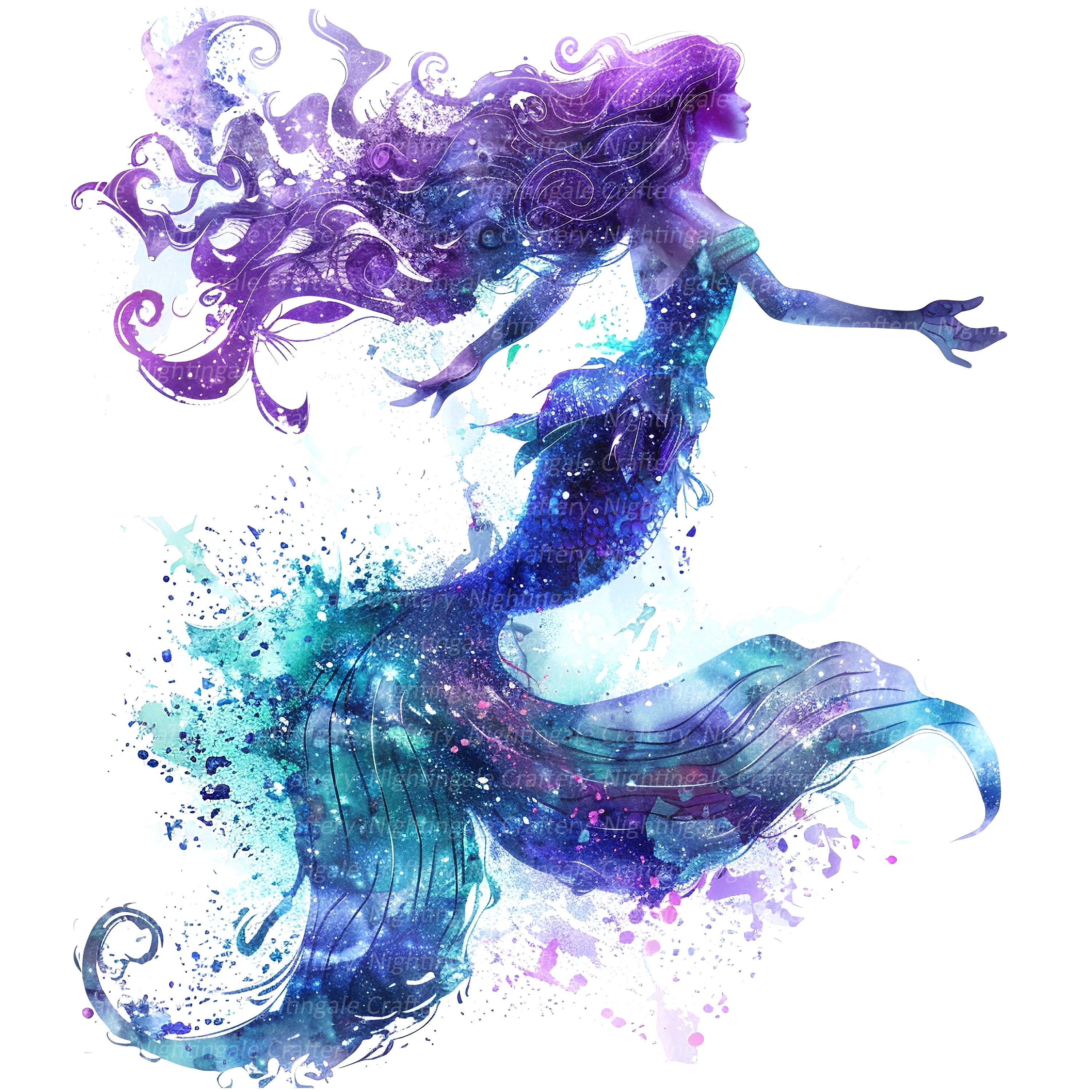 10 Purple Mermaid Clipart, Cartoon Mermaid, Printable Watercolor ...