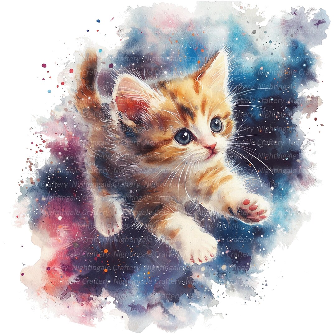 12 Kitten in Space Clipart, Cute Kitten Print, Printable Watercolor ...