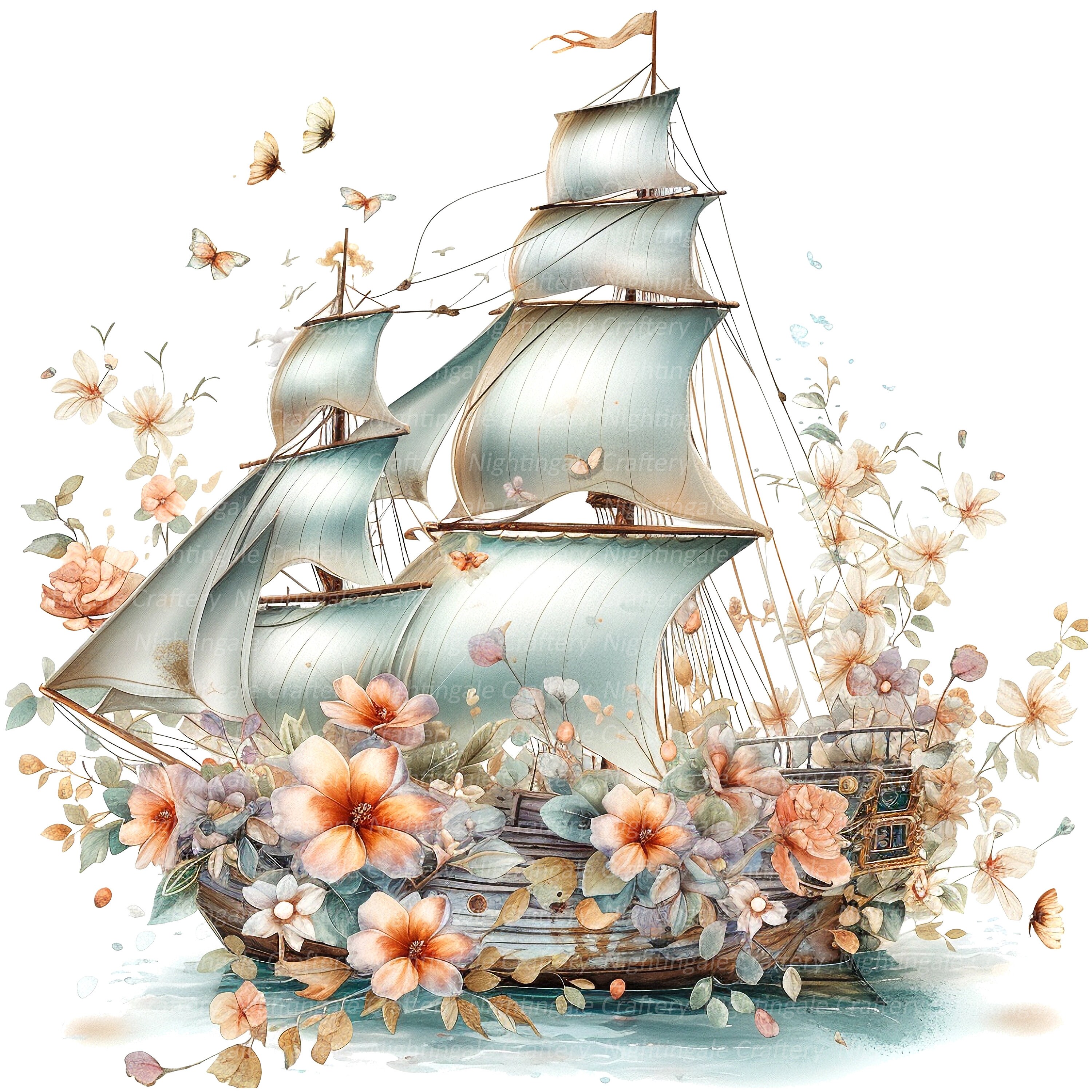 10 Floral Ship Clipart, Flower Ship Clipart, Printable Watercolor ...