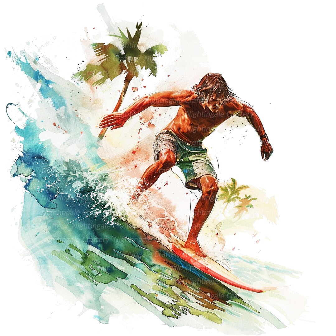 8 Surfing Clipart, Beach Clipart, Surfing Waves, Printable Watercolor ...