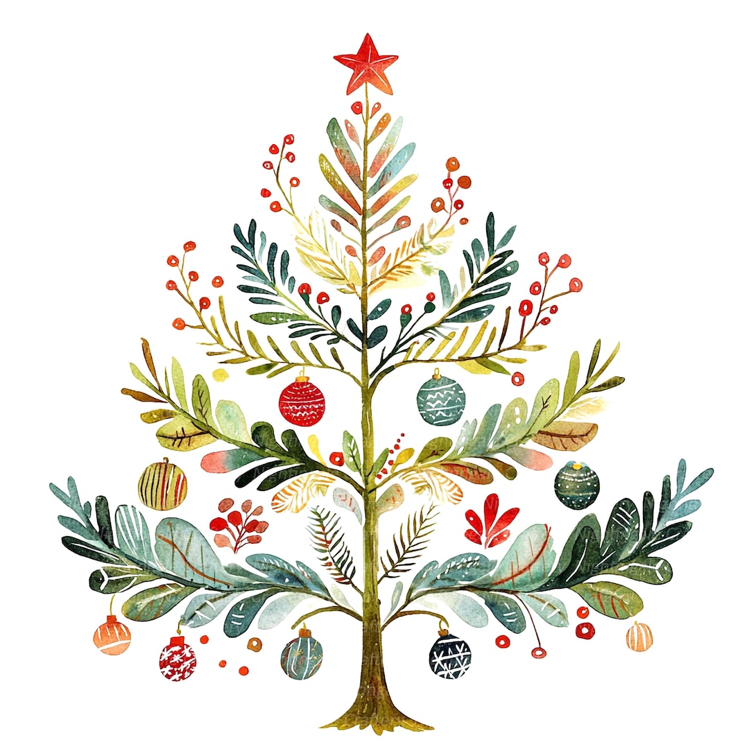 10 Scandinavian Christmas Tree Clipart, Folk, Printable Watercolor ...