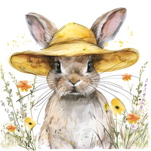 10 Cute Bunny With Hat Clipart, Spring Bunny, Printable Watercolor ...