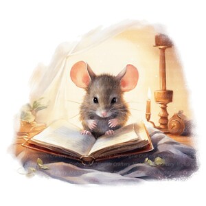 12 Mouse Reading Book Clipart, Mouse Bedroom, Printable Watercolor ...