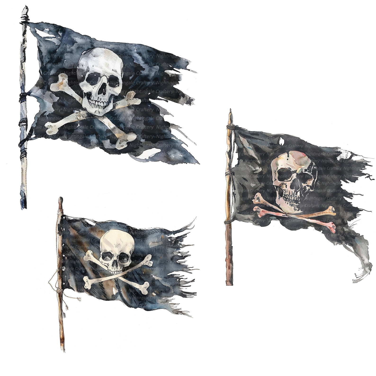 14 Pirate Flag Clipart, Jolly Roger Flag Print, Printable Watercolor ...