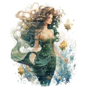 9 Mermaid Clipart, Golden Emerald Mermaid, Printable Watercolor Clipart ...