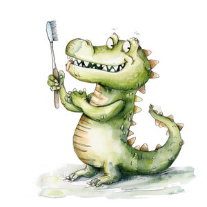 10 Crocodile Brushing Teeth Clipart, Printable Watercolor Clipart, High ...