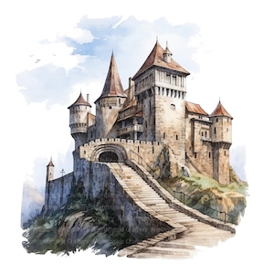 12 Medieval Castle Landscape Clipart, Printable Watercolor Clipart ...