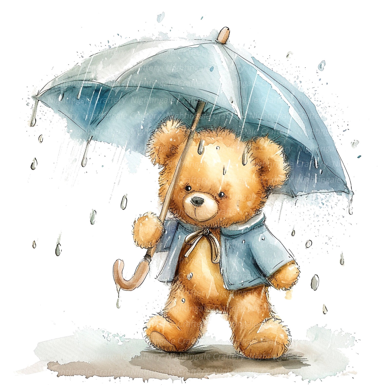 10 Teddy Bear Rainy Clipart, Teddy Bear in Rain, Printable Watercolor ...