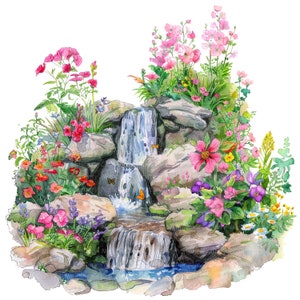 12 Floral Garden Waterfall Clipart, Garden Print, Printable Watercolor ...