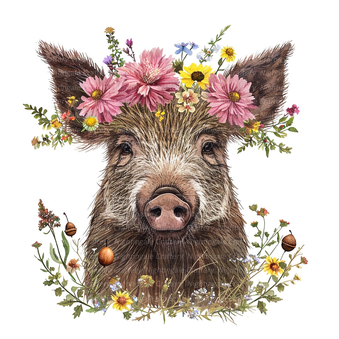 8 Wild Boar Floral Crown Clipart, Floral Boar, Printable Watercolor ...