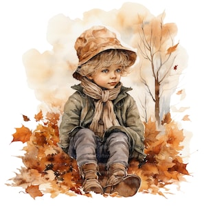14 Little Boy in Autumn Clipart, Autumn Kid, Printable Watercolor ...