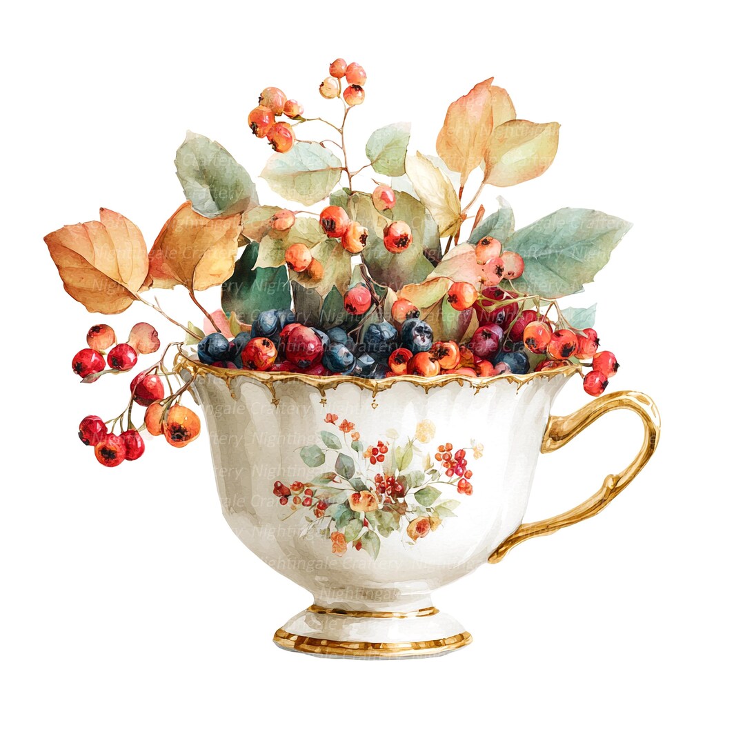 12 Autumn Tea Cup Clipart, Autumn Design, Printable Watercolor Clipart ...