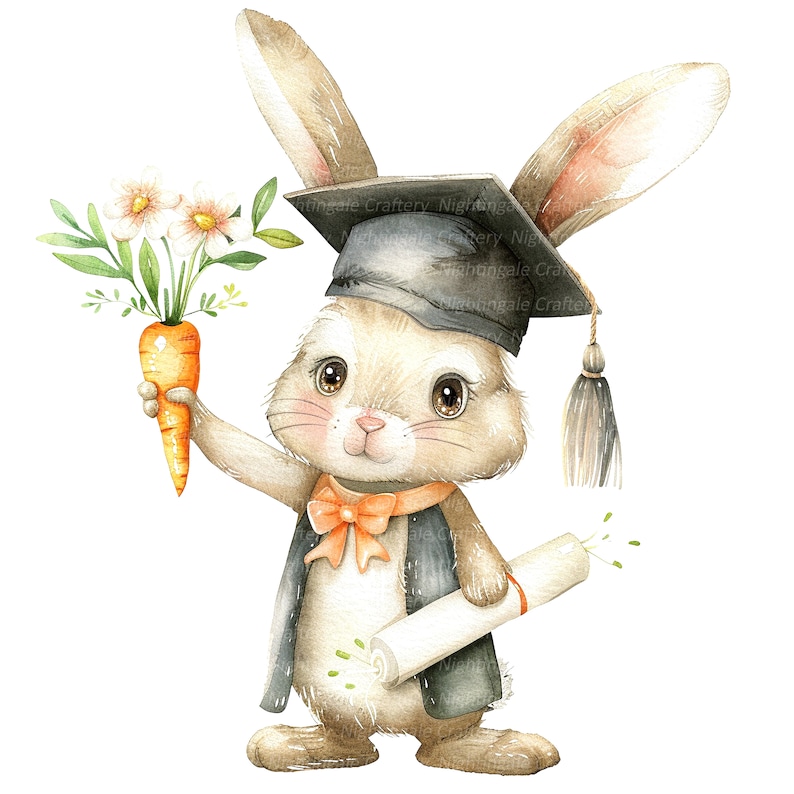 10 Graduation Clipart, Student Bunny Clipart, Printable Watercolor ...