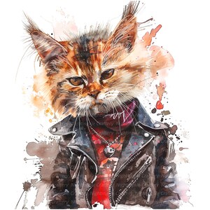 10 Cat Punk Clipart, Rock Clipart, Printable Watercolor Clipart, 10 ...