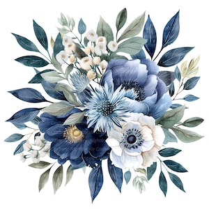 10 Blue Peonies Bouquet Clipart, Peonies Print, Printable Watercolor ...