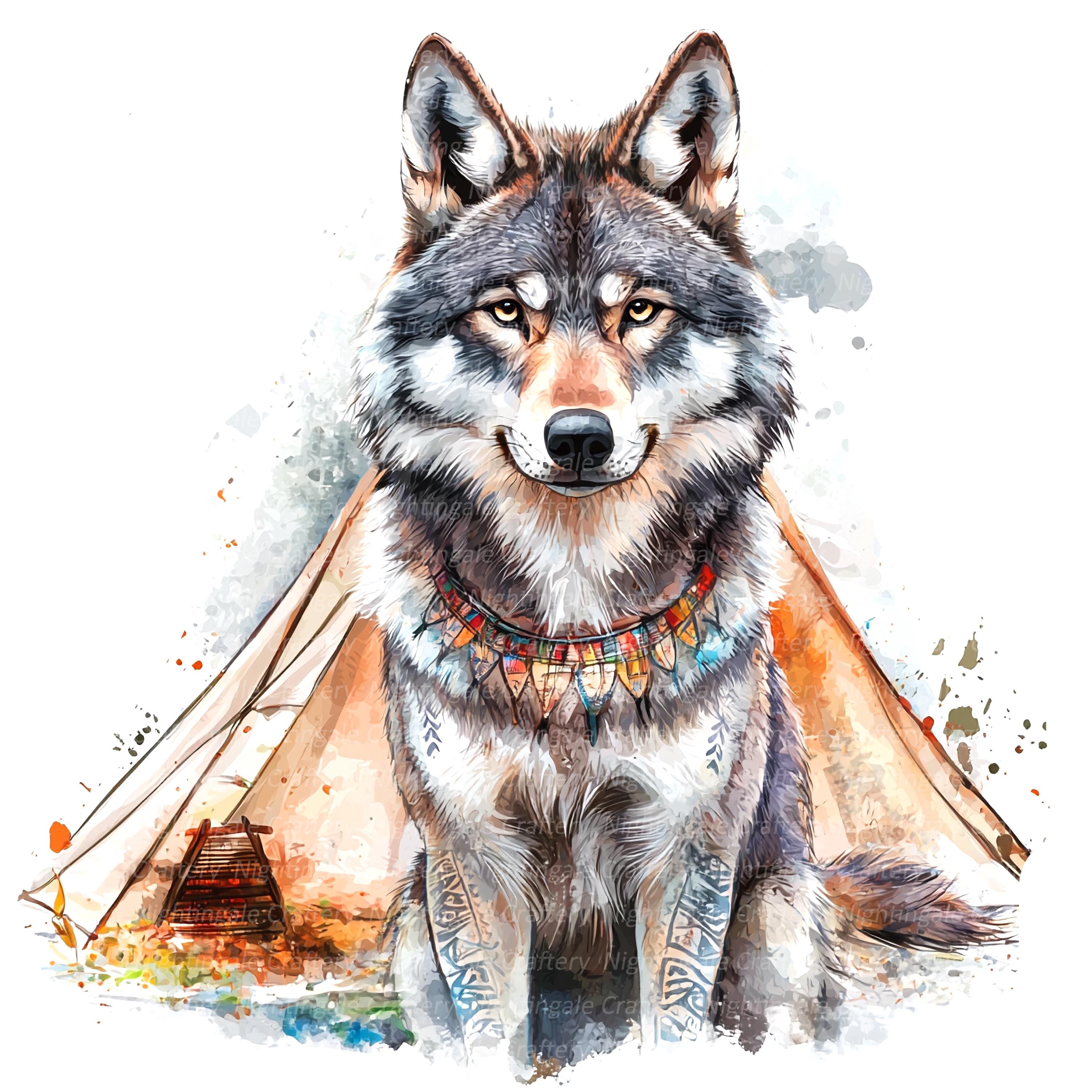 12 Tribal Wolf Clipart, Native Indian Wolf, Printable Watercolor ...