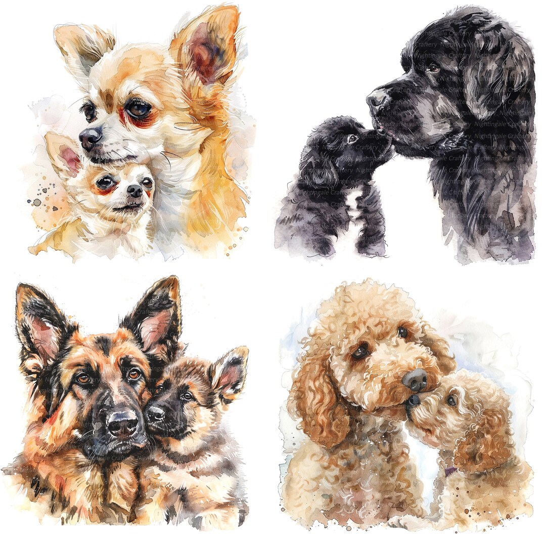 20 Mother Dog and Puppy Clipart, Dog Clipart, Printable Watercolor ...