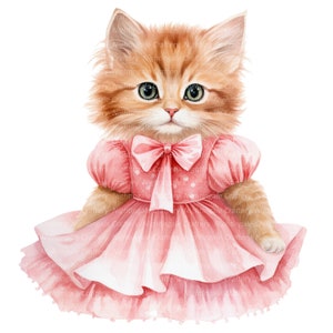 Cute Kitten in Pink Dress Clipart, Printable Watercolor Clipart, 10 ...